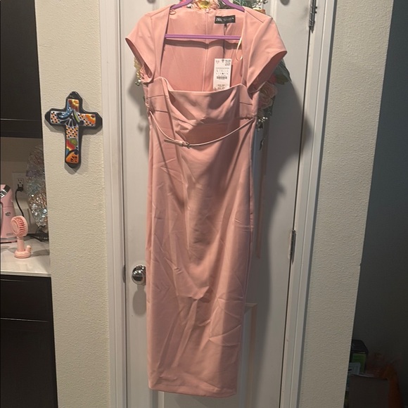 Zara | Dresses | Zara Pink Midi Dress With Flutter Sleeves And Square ...